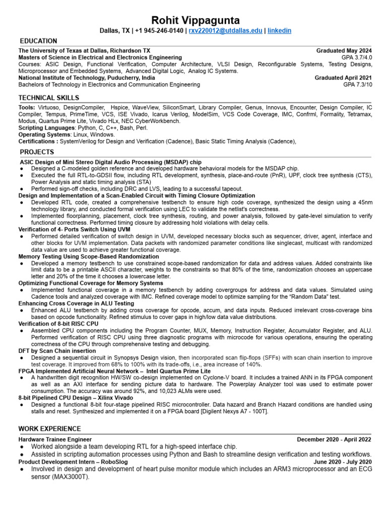 Rohit Vippagunta Resume PDF | PDF | Logic Synthesis | Central Processing Unit