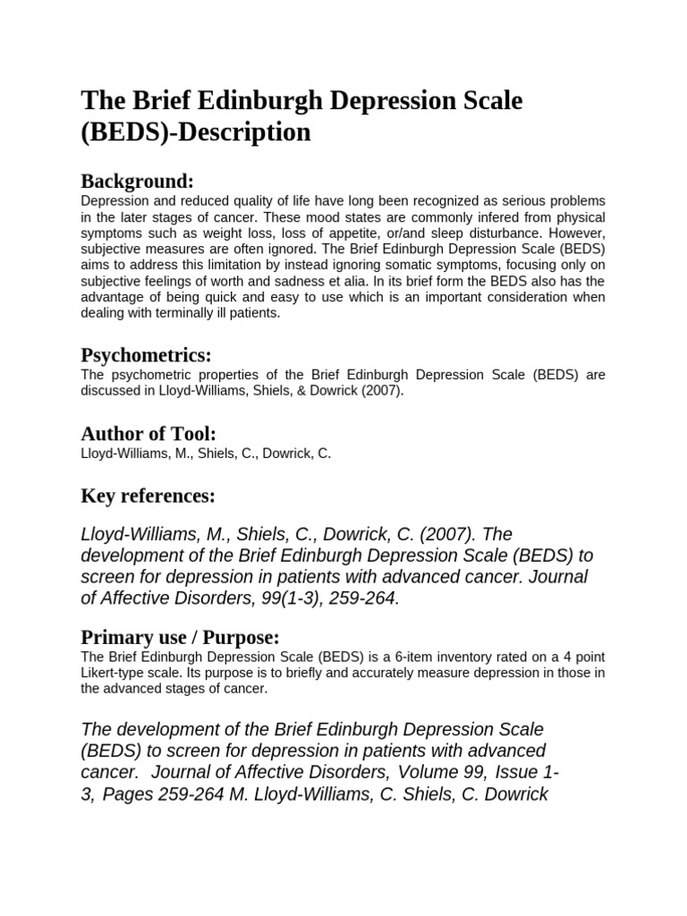 The Brief Edinburgh Depression Scale (BEDS) - Description | PDF