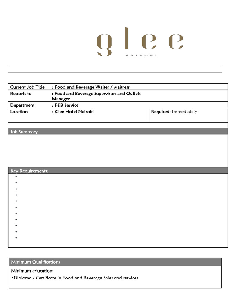 Food Beverage Service Waiter Waitress Job Overview | PDF