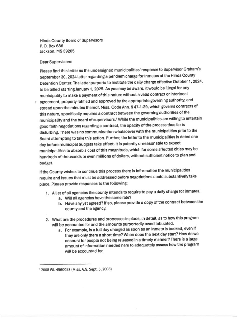 Letter To Hinds County Board of Supervisors | PDF