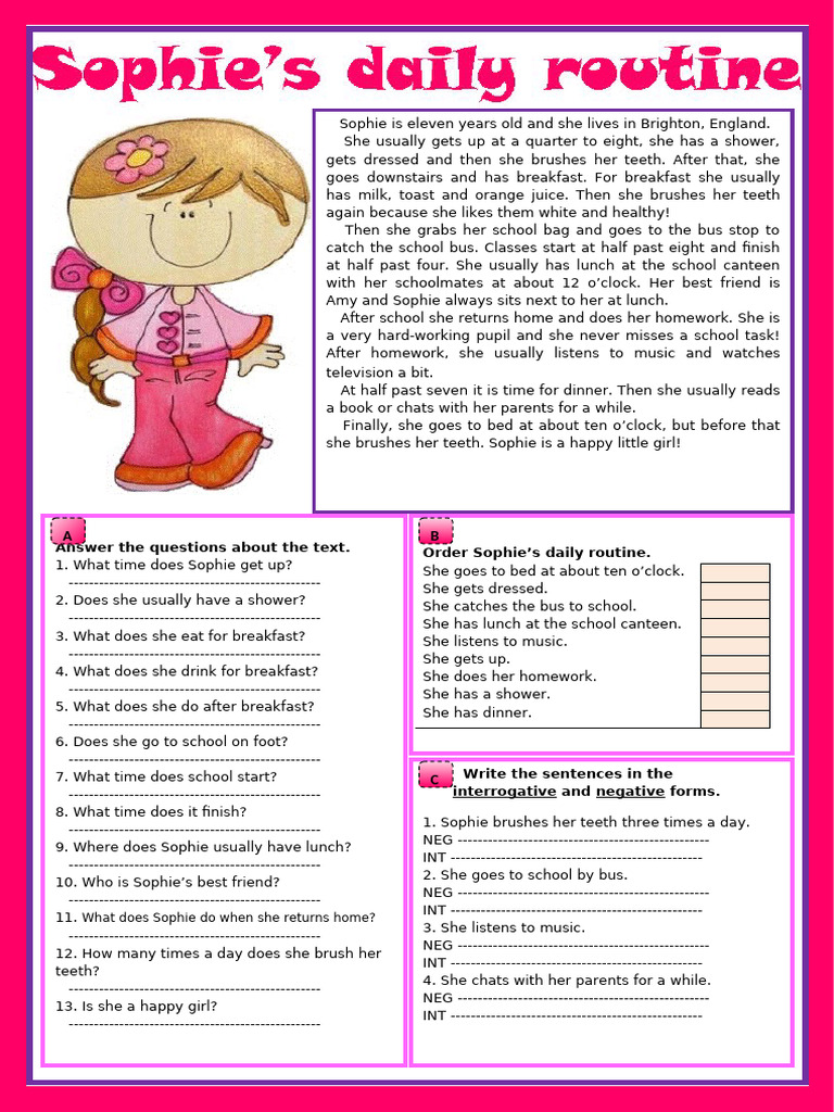 Sophies Daily Routine Reading Comprehension Exercises - 21729 | PDF | Meal
