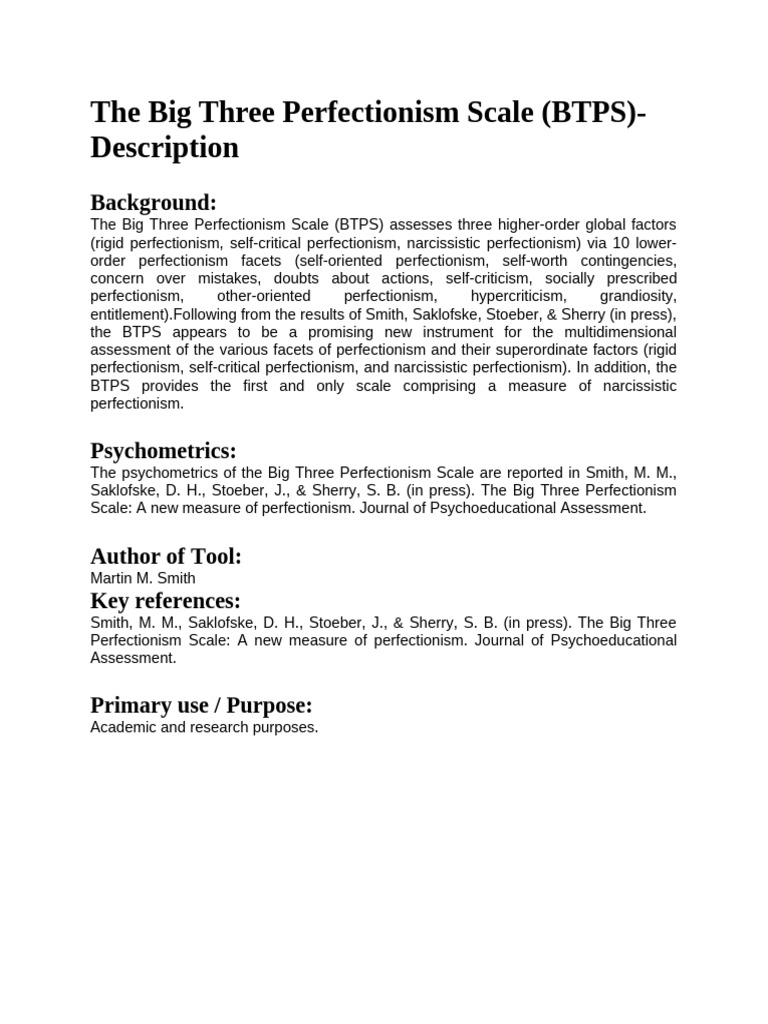 The Big Three Perfectionism Scale (BTPS) - Description | PDF