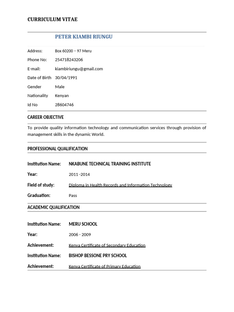 Peter Kiambi Riungu CV and Experience | PDF