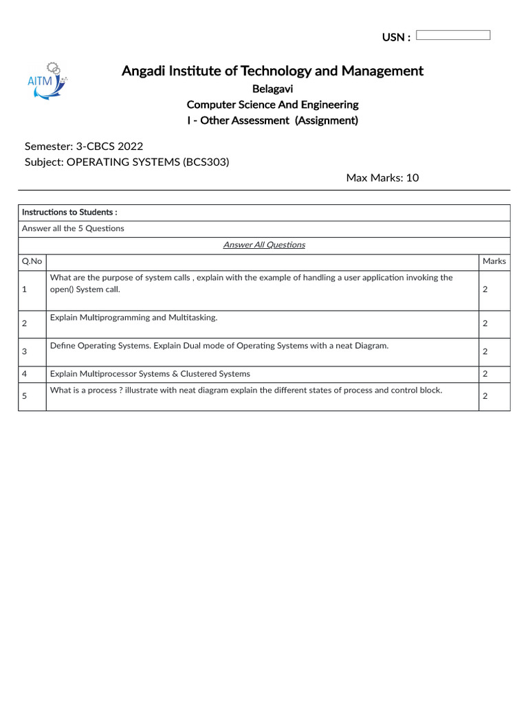 Operating Systems Assignment for BCS303 | PDF