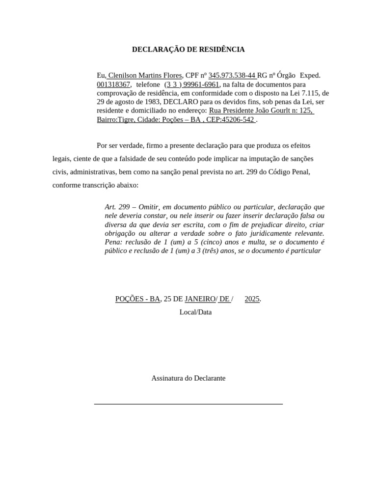 Declaracao de Residencia | PDF