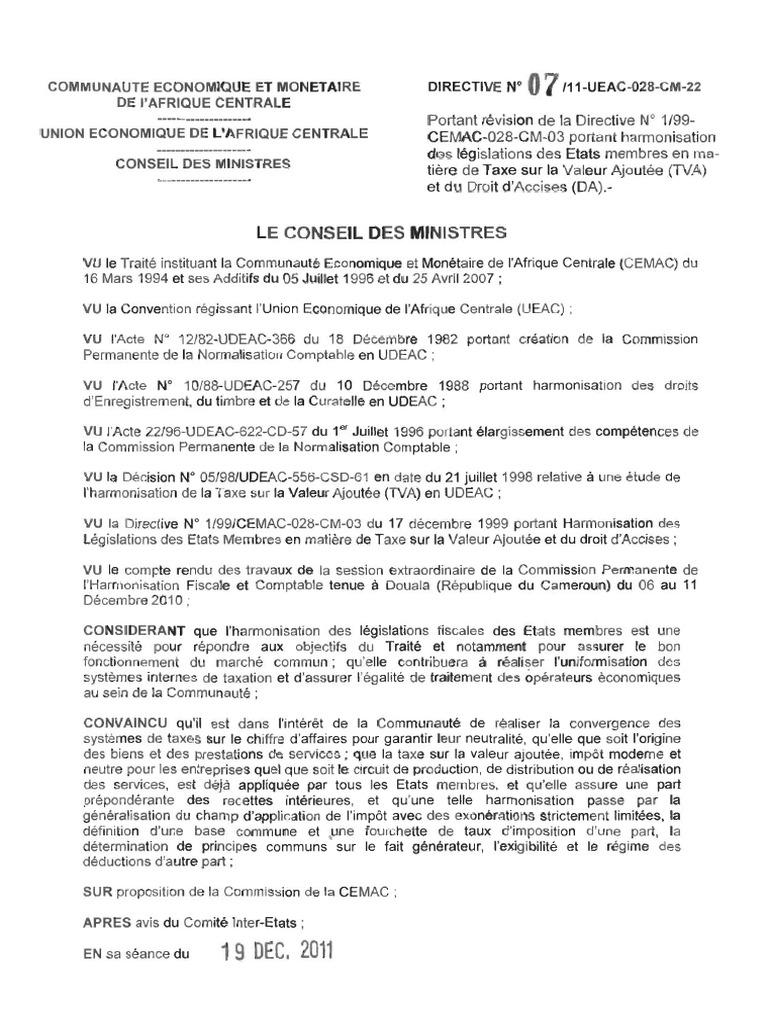 CEMAC Directive 2011 07 TVA | PDF