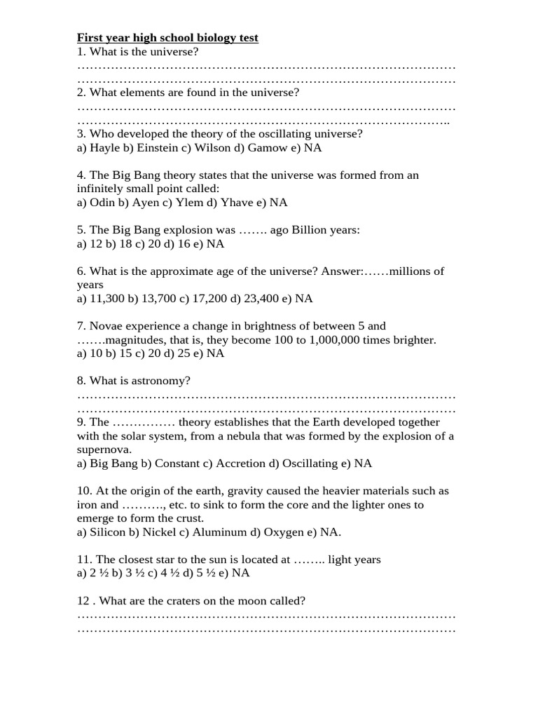 First Year Secondary Biology Test | PDF