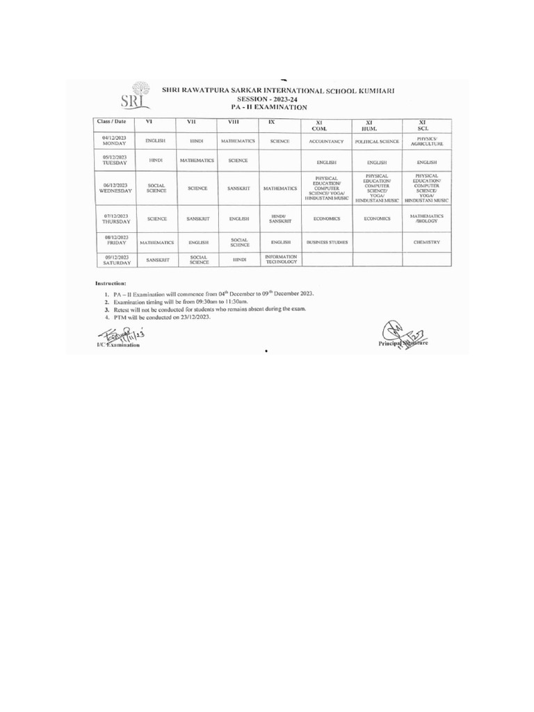Time Table For PA II Examination | PDF