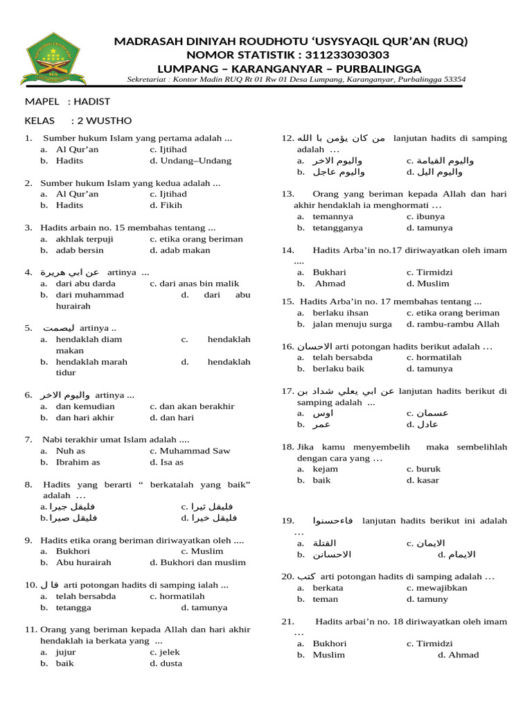 Soal Hadits Kelas 2 Wustho | PDF