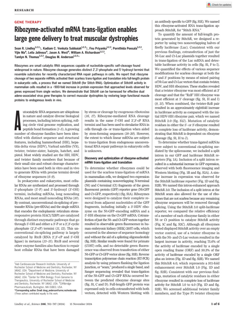 Ribozyme-Activated mRNA Trans-Ligation Enables Large Gene Delivery To Treat Muscular Dystrophies ...
