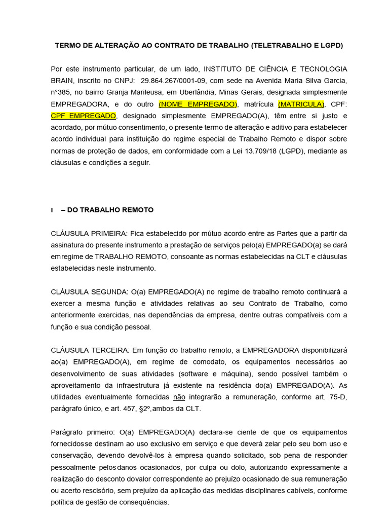 contrato de trabalho teletrabalho LGPD | PDF
