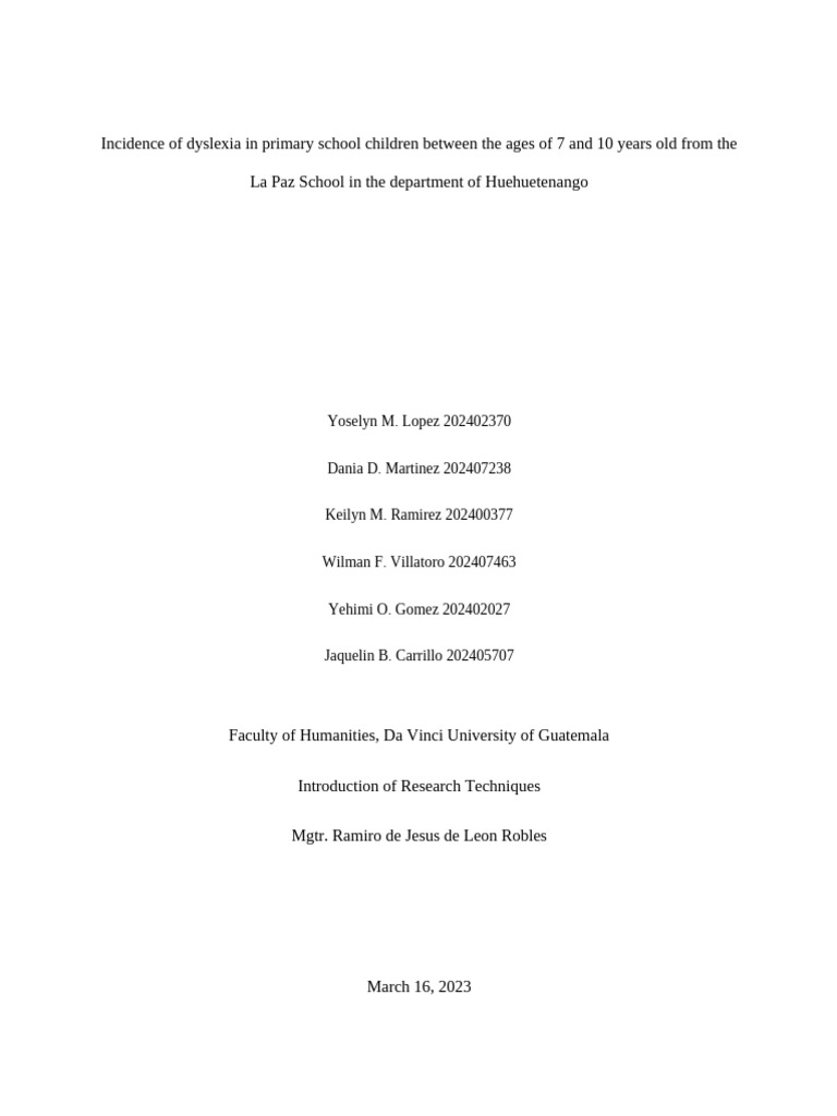 Experimental Research On Dyslexia in Primary School Children | PDF ...