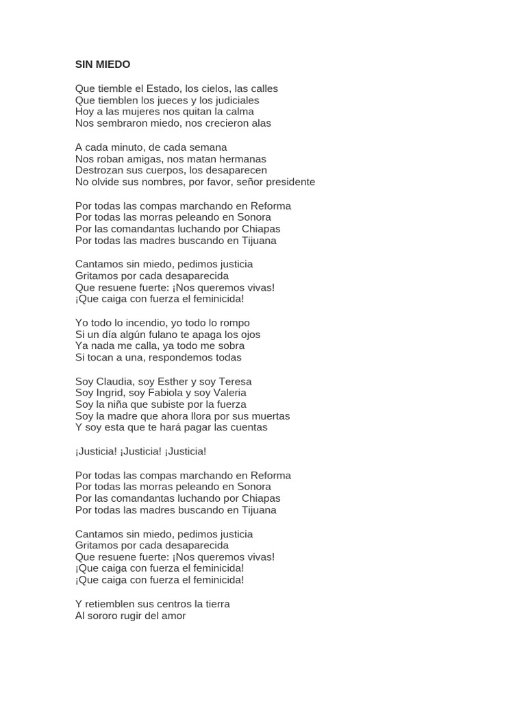 Sin Miedo Letra de Cacion | PDF