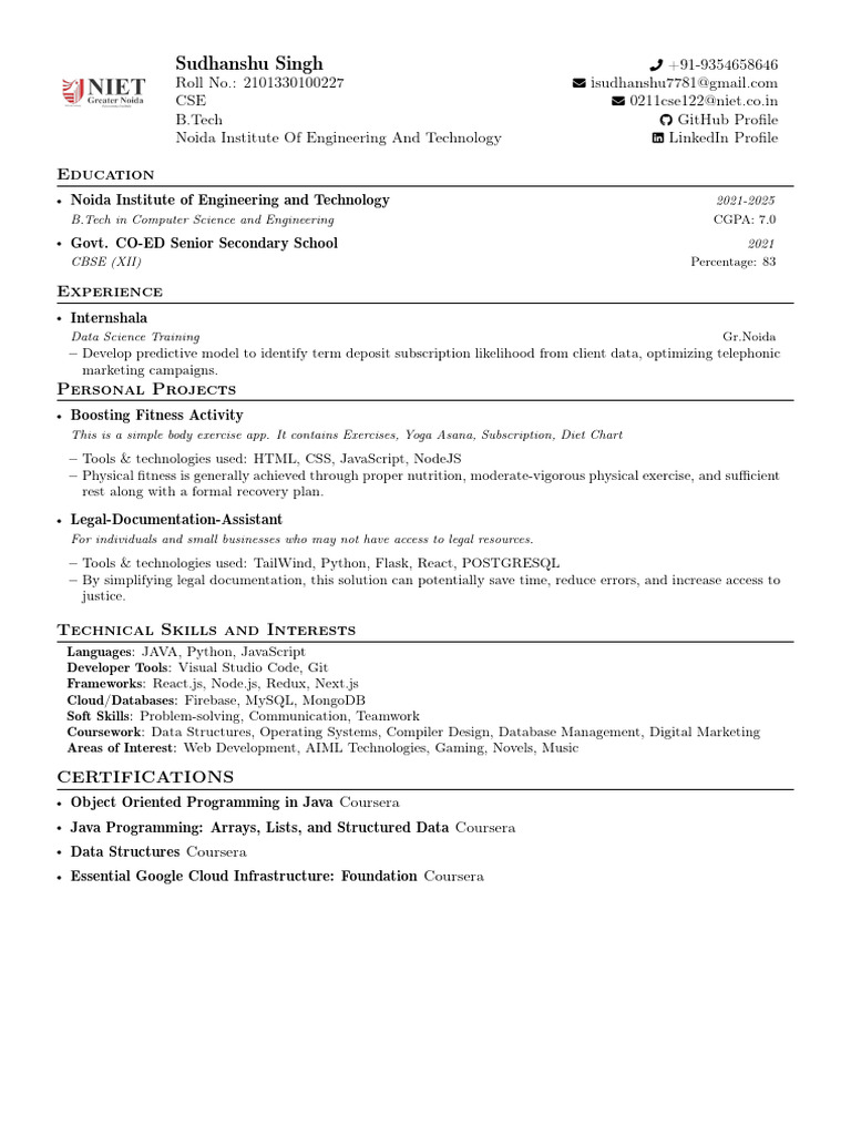 B.Tech CSE Student Profile and Projects | PDF | Computing | Software ...
