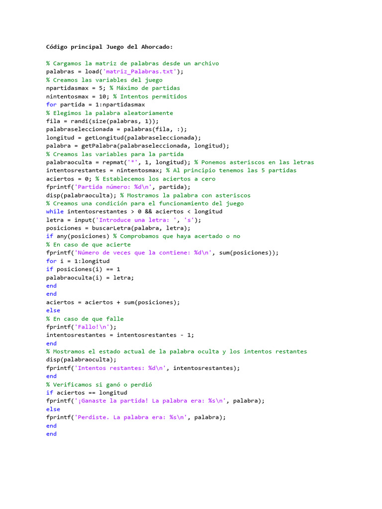 Código Juego del Ahorcado en MATLAB | PDF