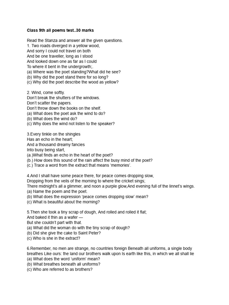 Class 9 Poetry Comprehension Test | PDF