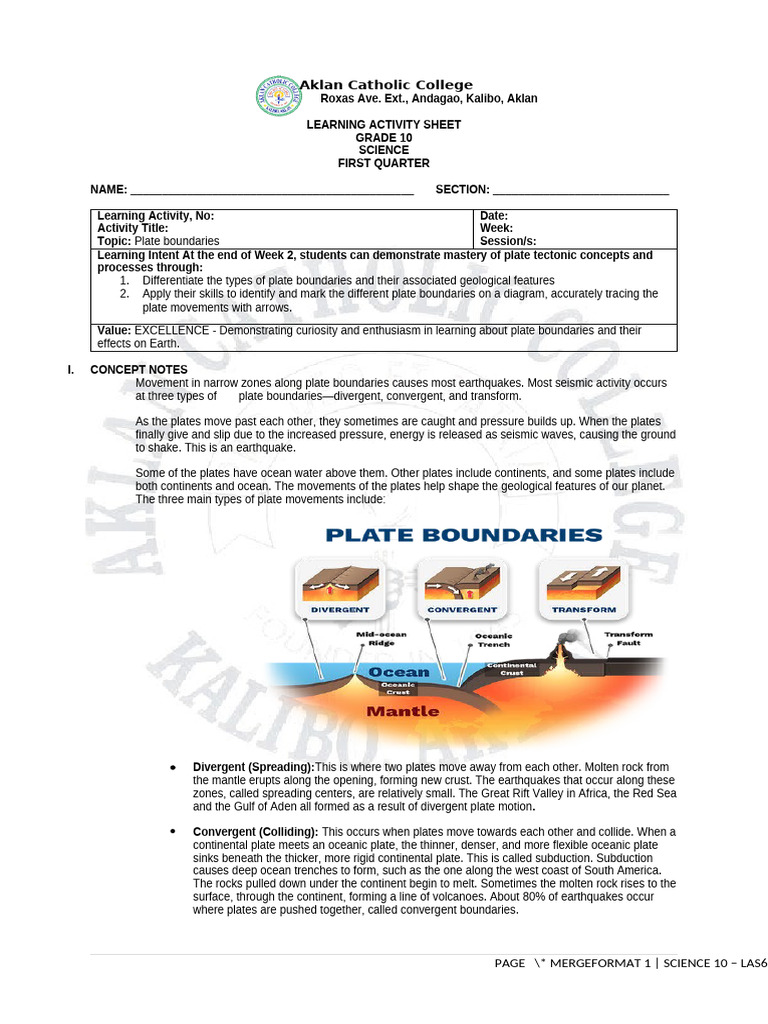 Learning Activity Sheet-10 | PDF | Plate Tectonics | Earthquakes