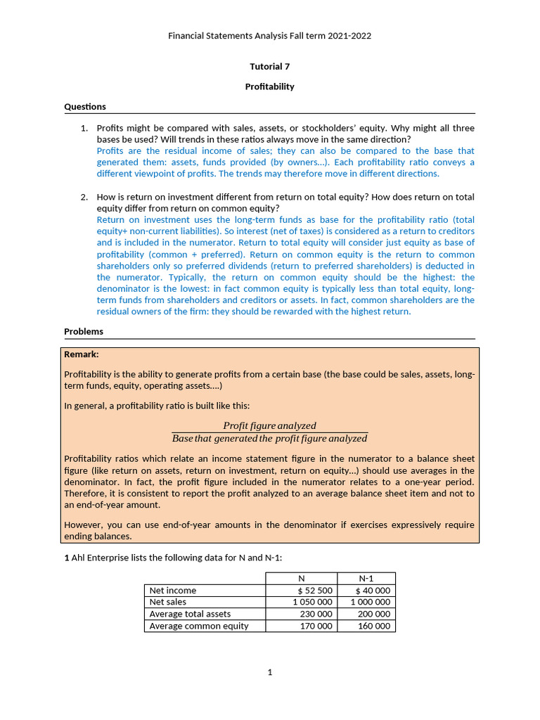 FSA - Tutorial 7-With Solutions | PDF | Equity (Finance) | Net Income