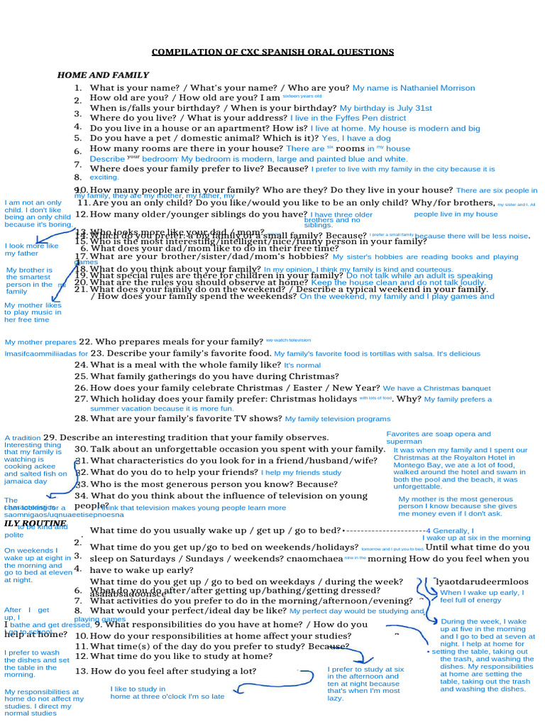 COMPILATION OF CXC SPANISH ORAL QUESTIONS (1) | PDF | Lunch | Grocery Store