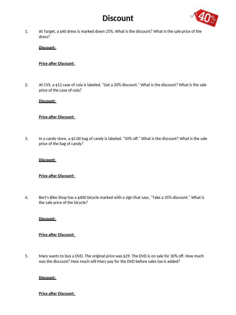 Sales Tax and Discount Word - Problem Worksheets | PDF