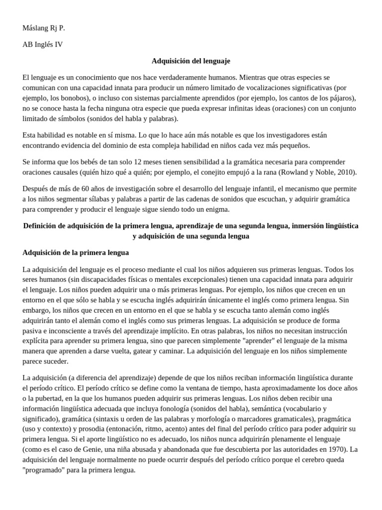 Adquisición y aprendizaje de lenguas | PDF | Aquisición de idioma ...