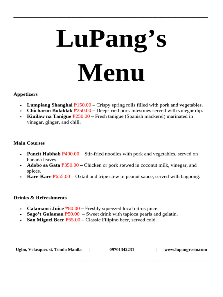 LuPang Restaurant Menu: Filipino Dishes | PDF