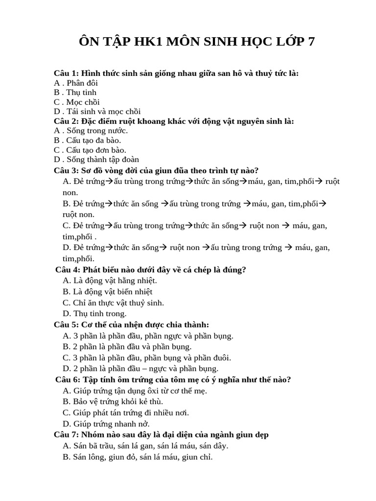 Đề Ktra Cuối Hk1 Sinh Học 7 | PDF