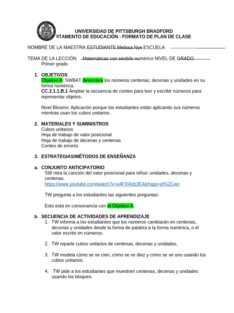 Unos Decenas Centenas Lección | PDF | Método de enseñanza | Cognición