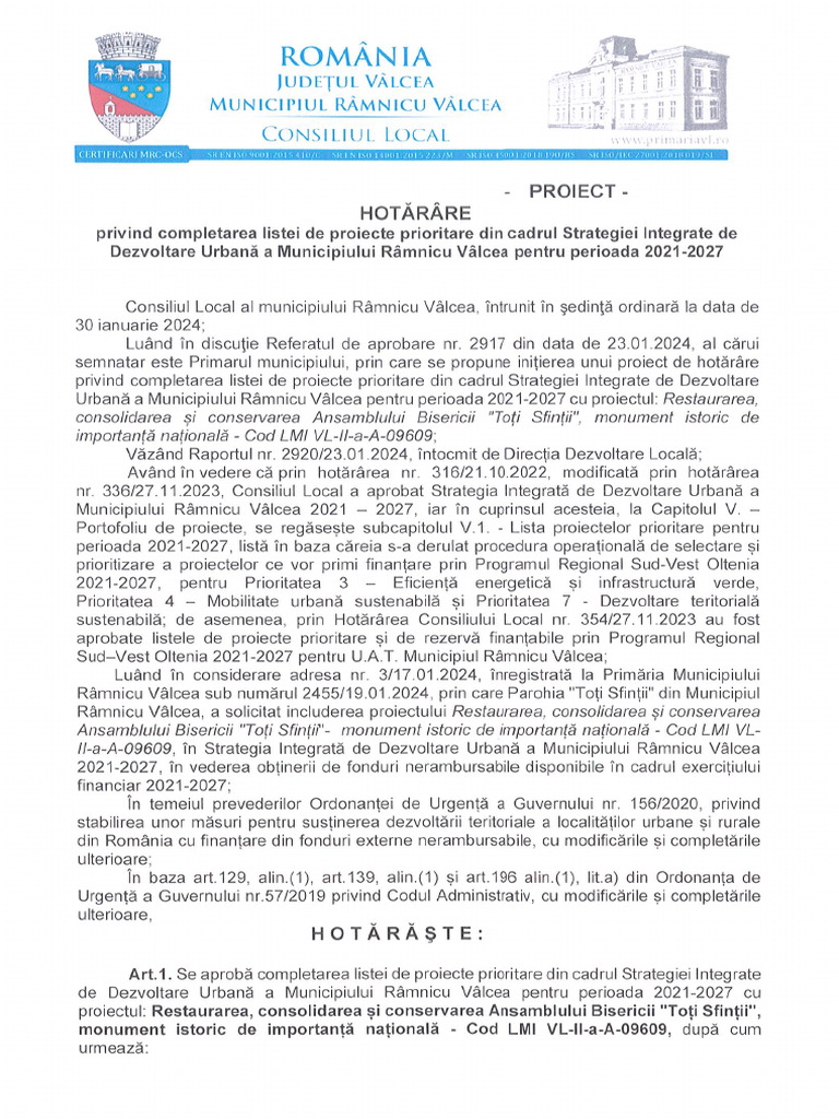 Proiect de Hot. Completare Listă de Proiecte Prioritare Din Cadrul SIDU | PDF