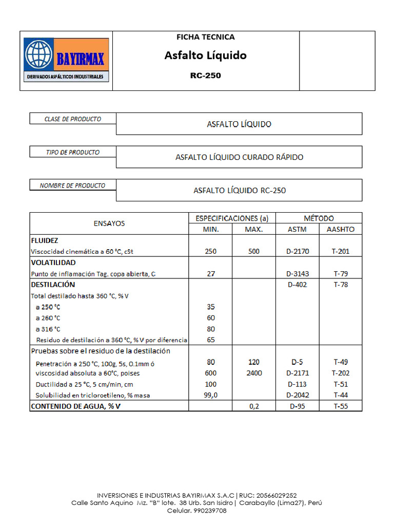 Ficha Tecnica - Asfalto Liquido RC-250 | PDF