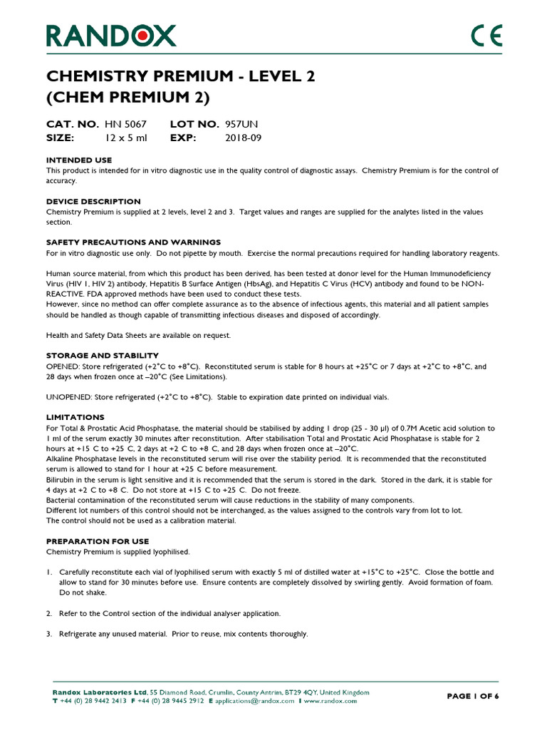 iNSERTO CONTROL RANDOX LOTE 957UN | PDF