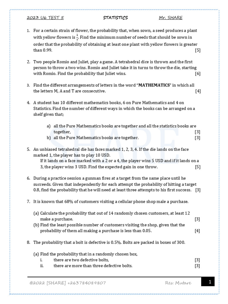 2023 U6 Statistics Test 5 Share | PDF | Statistics | Applied Mathematics