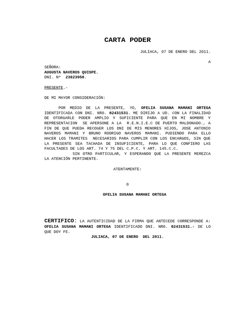 CARTA PODER PARA RECOGER CHEQUE | PDF