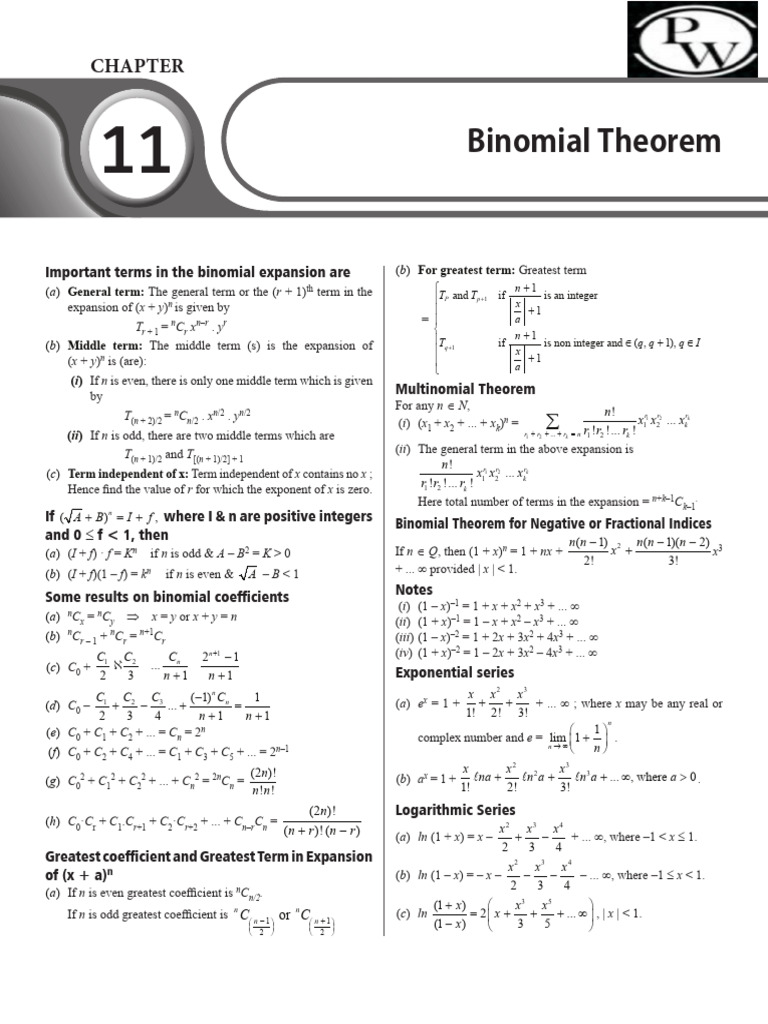Binomial Theorem - Short Notes - Arjuna JEE 2.0 2024 | PDF | Complex ...