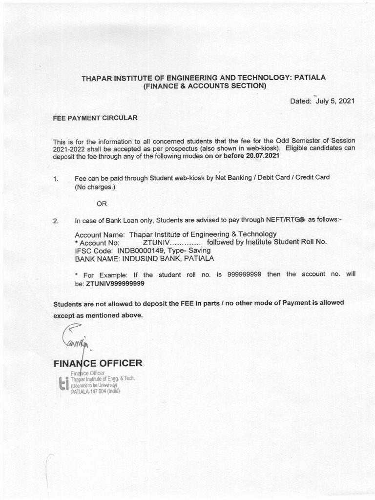 Fee Payment Circular For 2021-22 | PDF