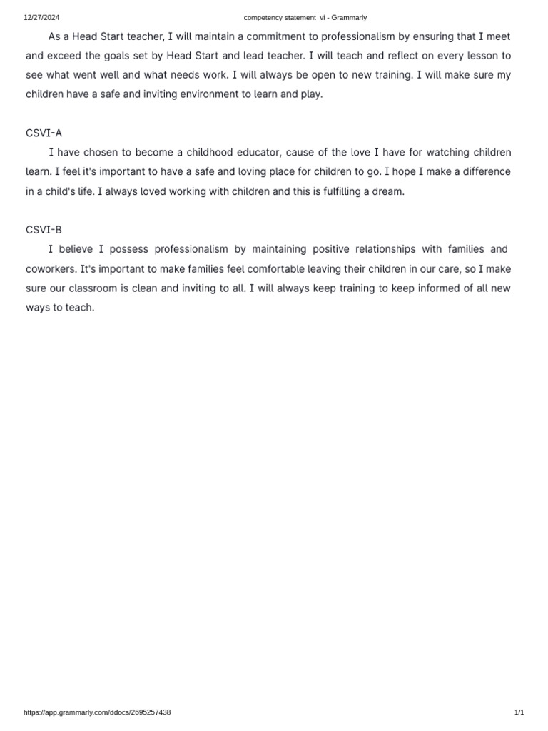 Competency Statement Vi - Grammarly | PDF