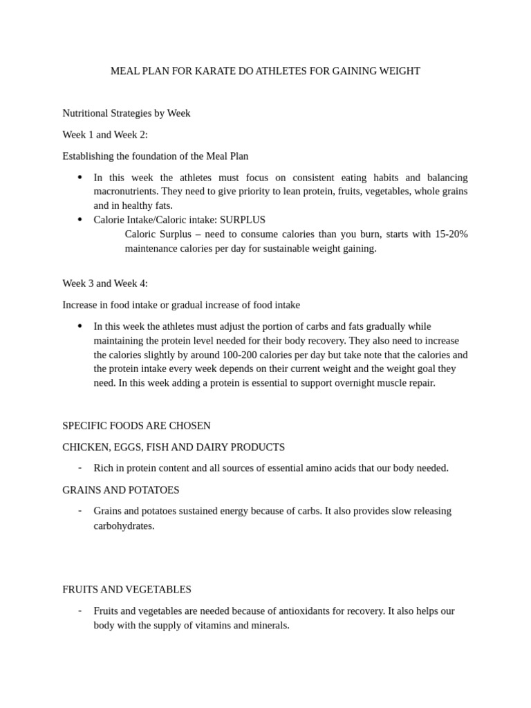 Meal Plan For Karate Do Athletes For Gaining Weight | PDF | Foods ...