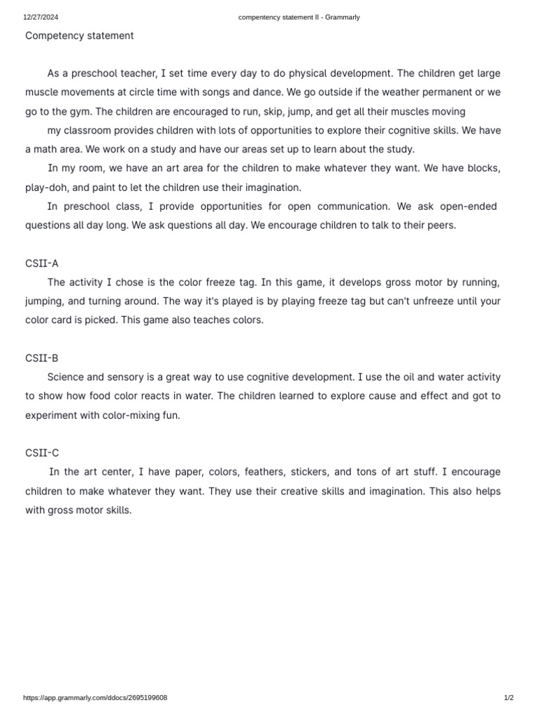 Compentency Statement II - Grammarly | PDF