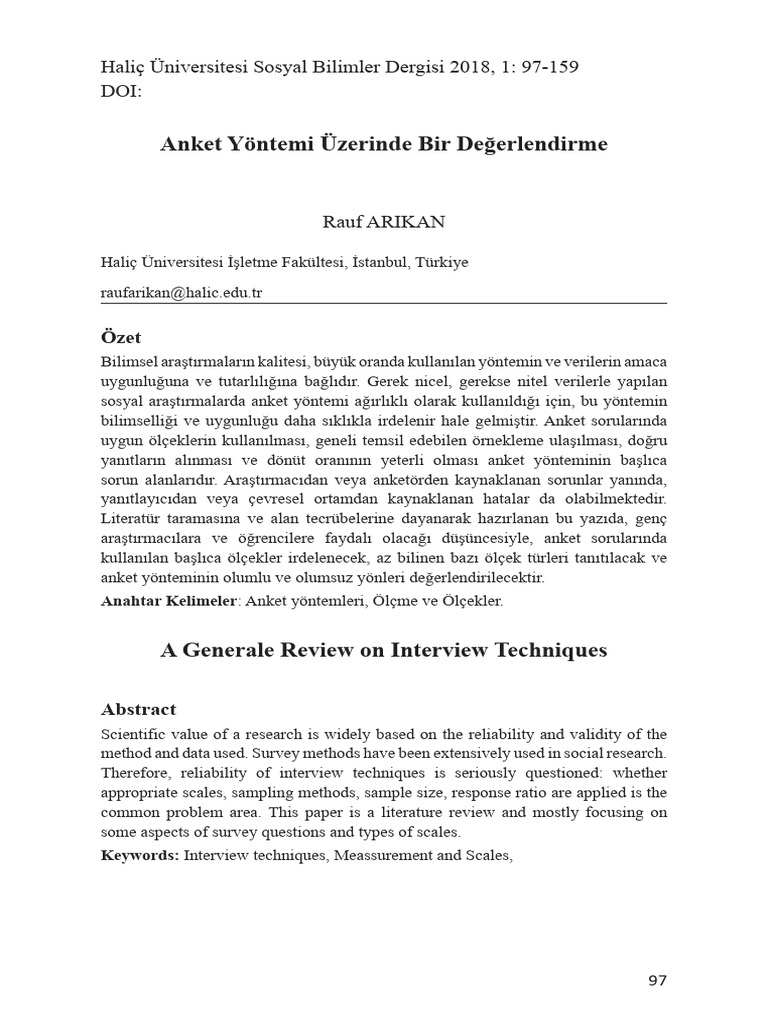 Anket Yöntemi Üzerinde Bir Değerlendirme | PDF