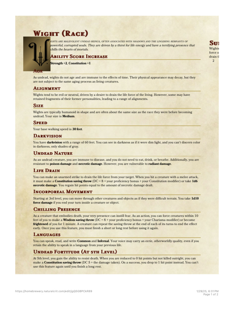 Wight Race: Undead Abilities Overview | PDF