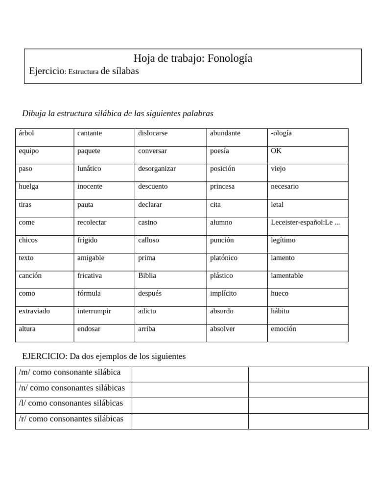 Ejercicio de Estructura Silábica | PDF