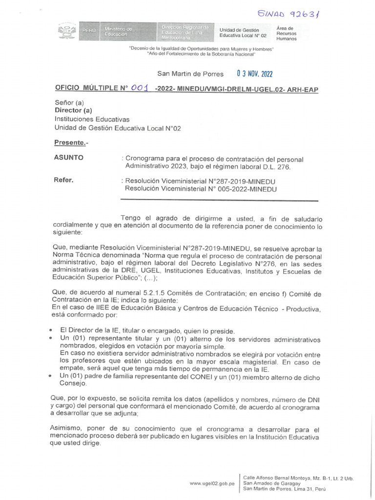 Oficio - Multiple - No001 2022 Mineduvmgi Drelm Ugel.02 Arh Eap | PDF