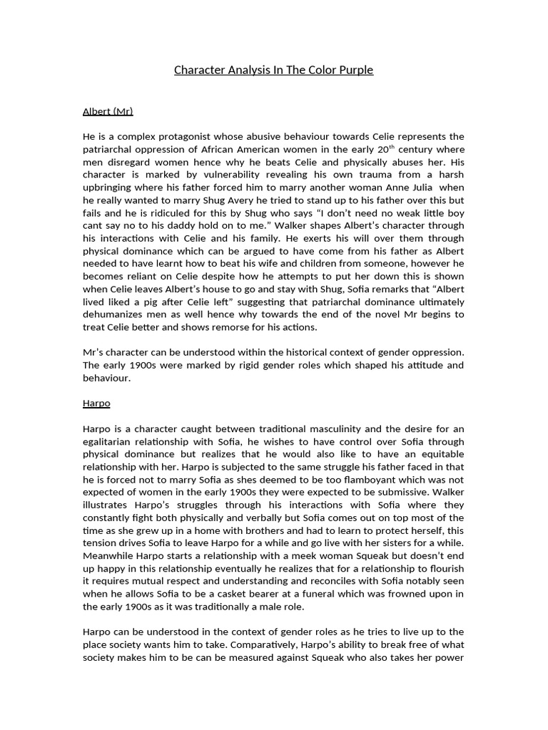 Character Analysis: The Color Purple | PDF | Woman | Gender Equality