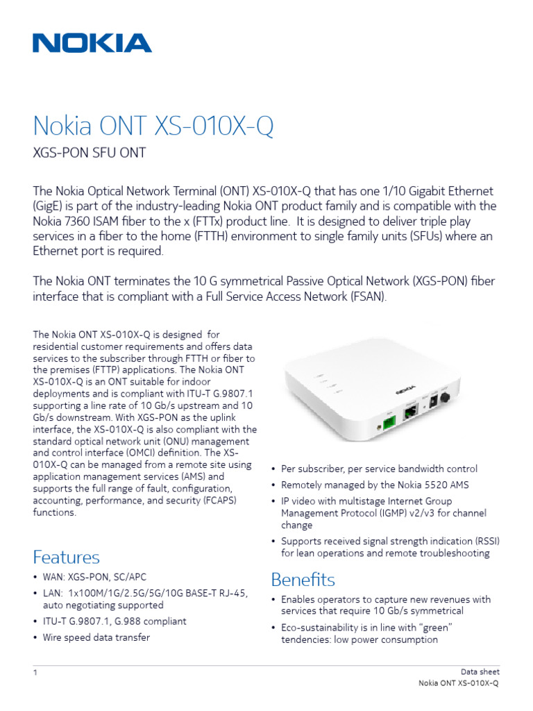 Nokia ONT XS 010X Q Data Sheet EN | PDF | Fiber To The X | Computer Networking