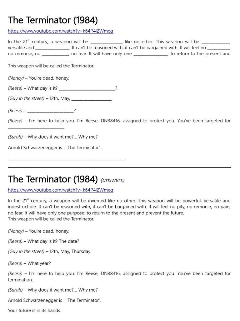 The Terminator (1984) - Movie Trailer - Gap Filling Exercise + Answers ...