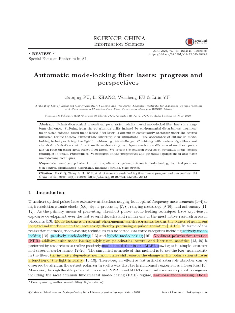 2020 - Review - Automatic Mode-Locking Fiber Lasers - Progress and Perspectives - Mod | PDF ...