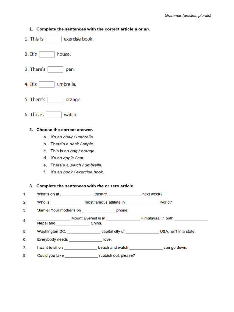 Grammar (articles, plurals) | PDF