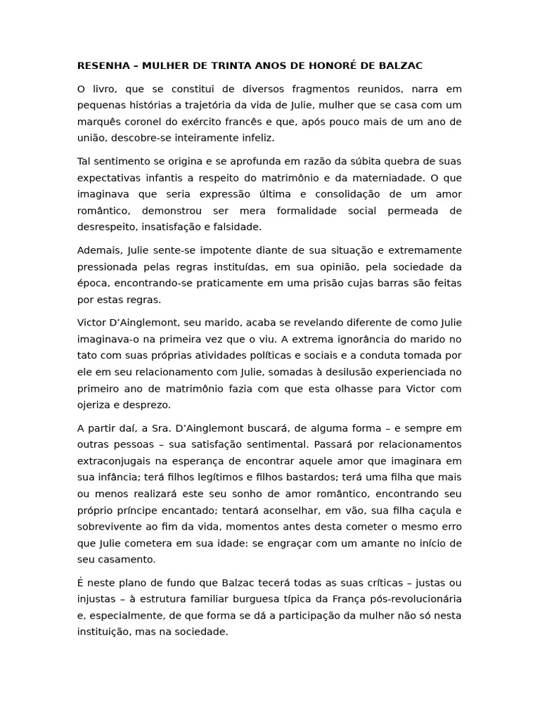 Resenha A Mulher de Trinta Anos | PDF | Honoré De Balzac | Moralidade