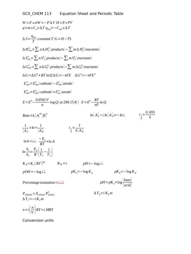New Equation Sheet (1) | PDF | Physical Chemistry | Chemistry