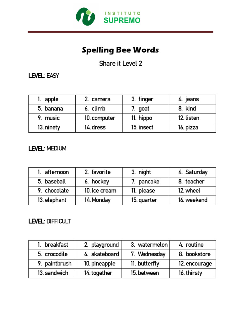 Level 2 Spelling Bee Words List | PDF